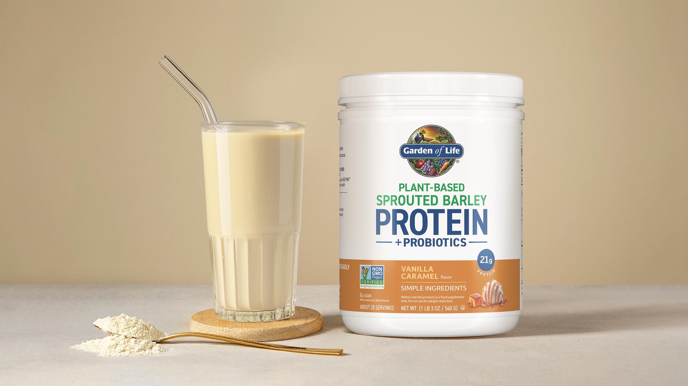 Sprouted Barley Protein + Probiotics Powder - Vanilla Caramel | Garden ...